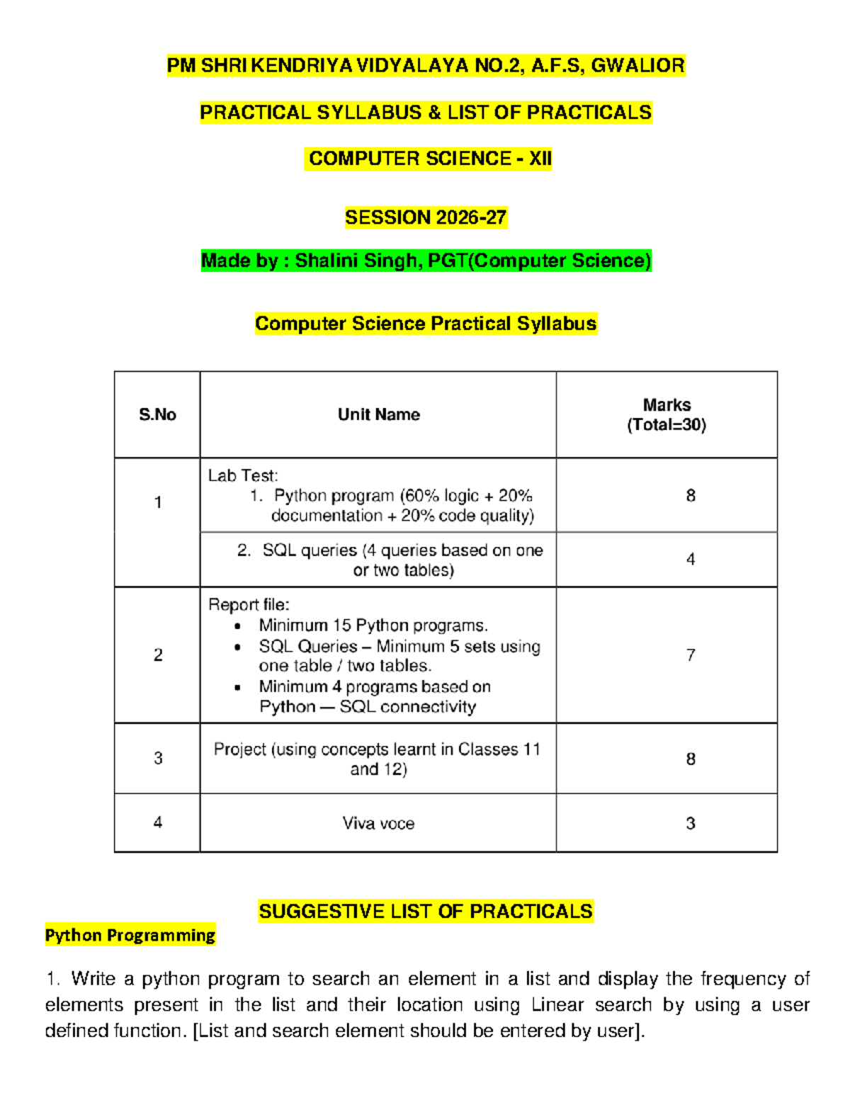 XII Computer Science 2026-2027 Practical Syllabus & Projects - Studocu