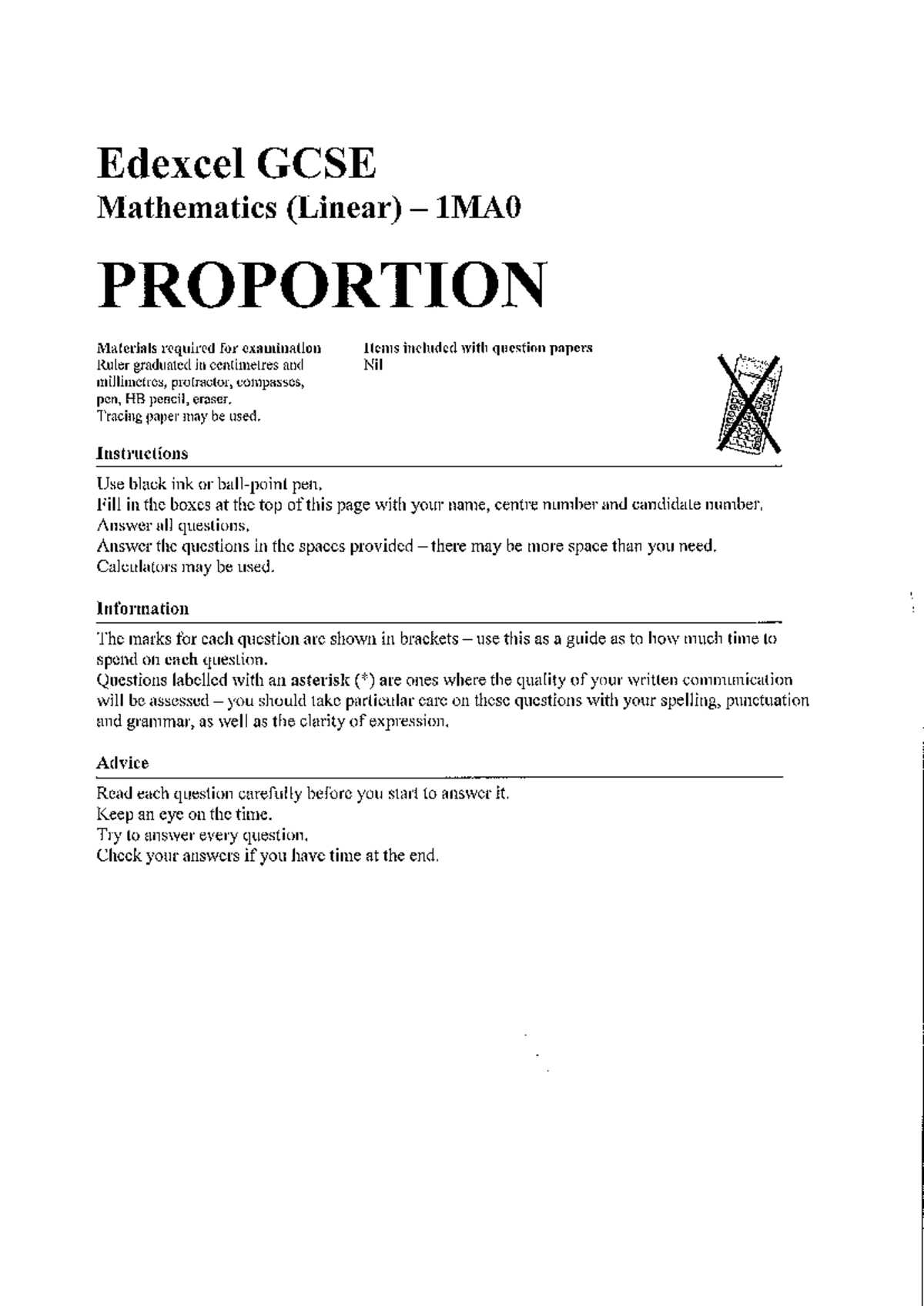 Edexcel GCSE Maths 1MA0 Proportion: Ingredients & Exam Instructions ...