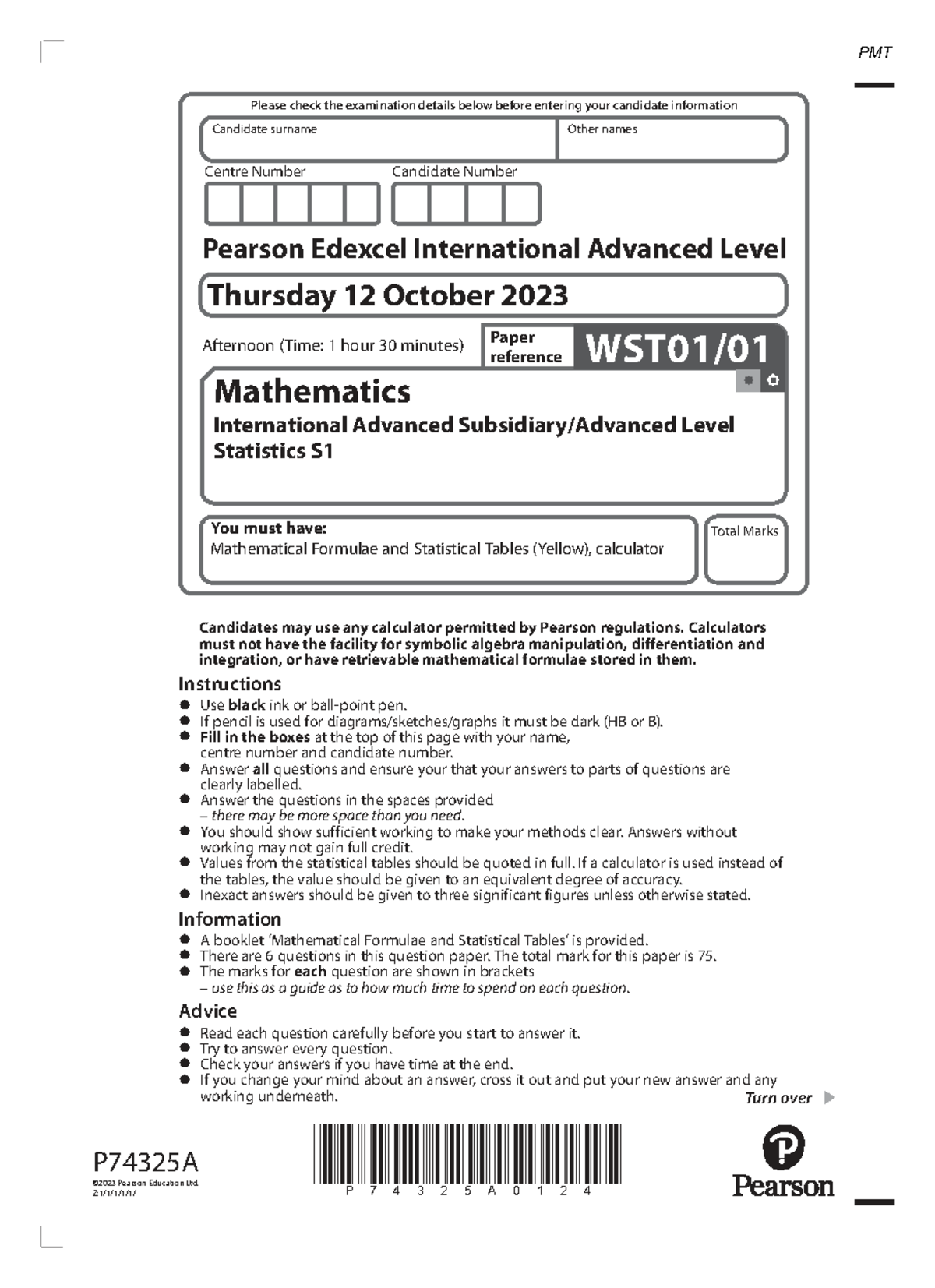 Mathematics S1 International A Level Exam Paper - October 2023 - Studocu