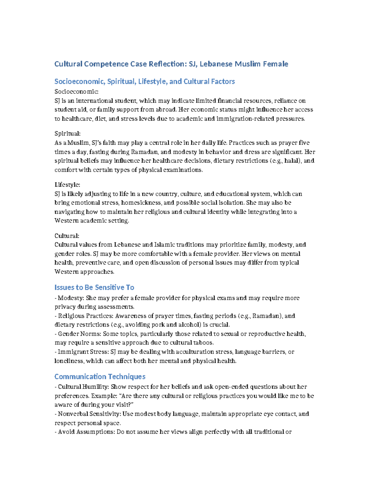 Cultural Competence Case Reflection: SJ's Socioeconomic & Spiritual ...