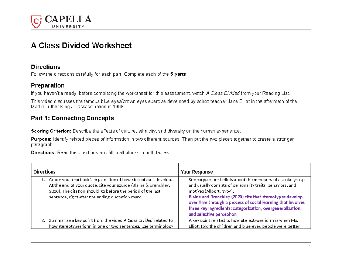 A Class Divided Worksheet: Understanding Stereotypes & Diversity - Studocu