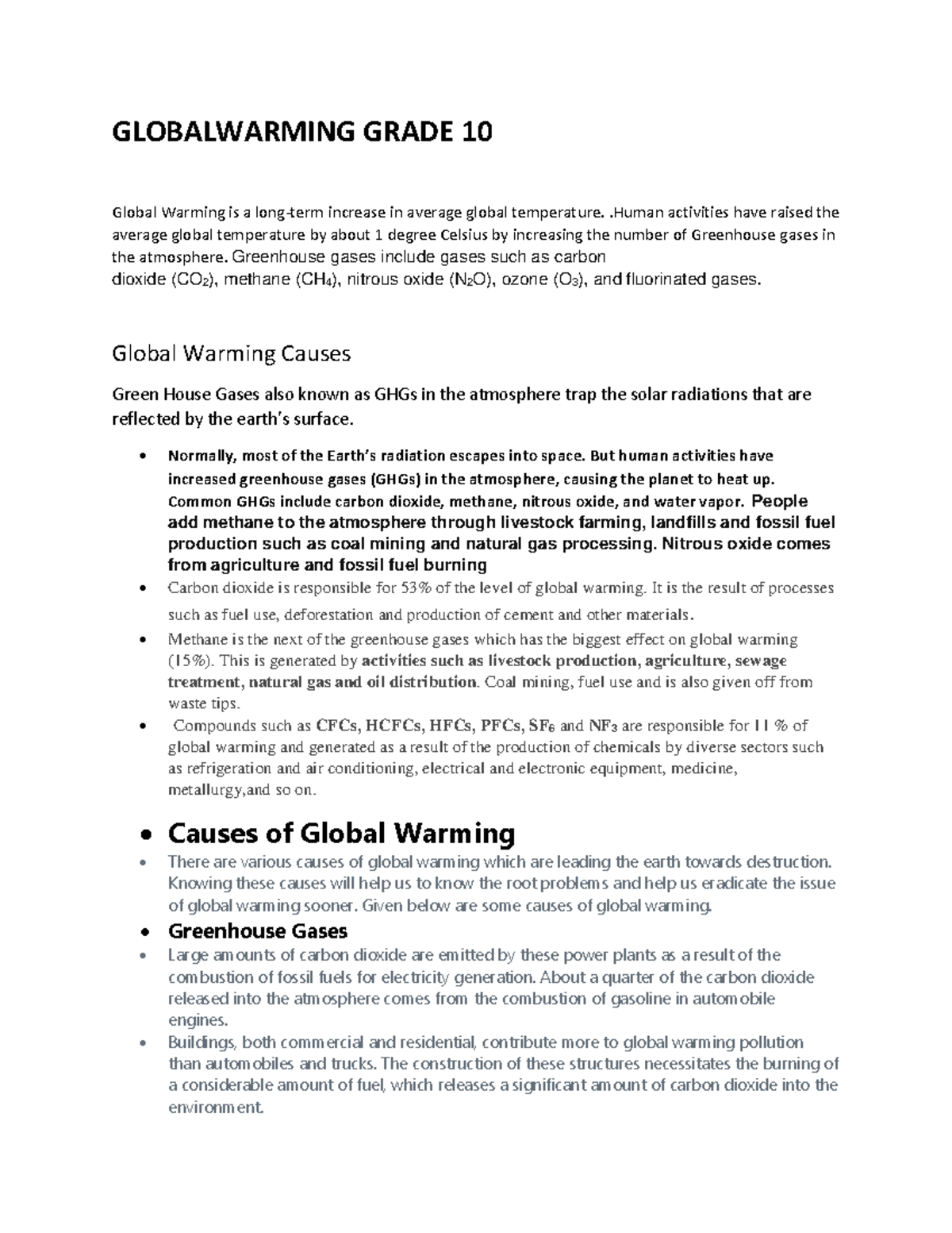 Grade 10 Global Warming: Causes, Effects, and Greenhouse Gases - Studocu