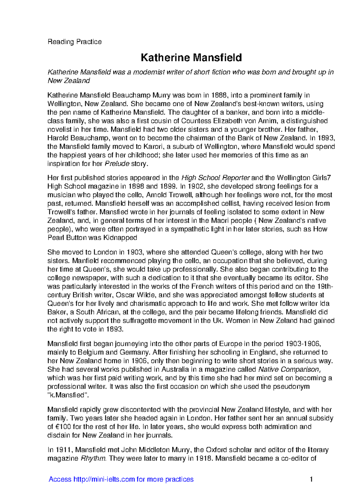 Katherine Mansfield: IELTS Reading Insights and Analysis - Studocu