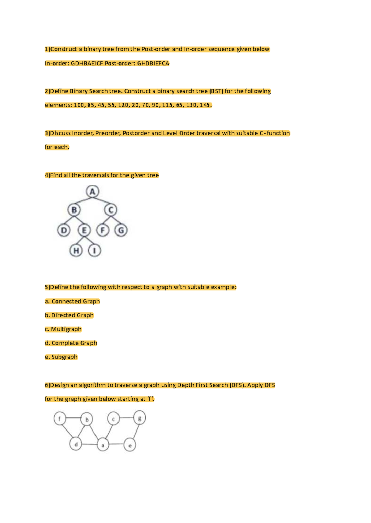 DSA IAT2 Ques Bank: Binary Trees, Graphs, and Hashing Concepts - Studocu