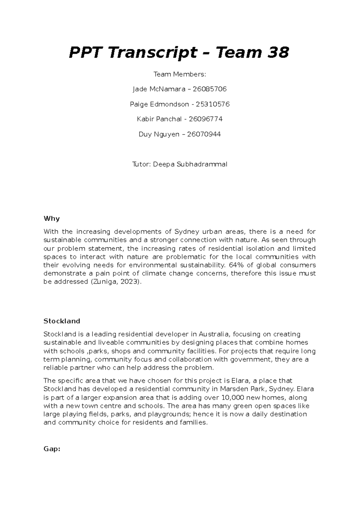 CMSI PPT Transcript: Team 38's Sustainable Community Proposal - Studocu