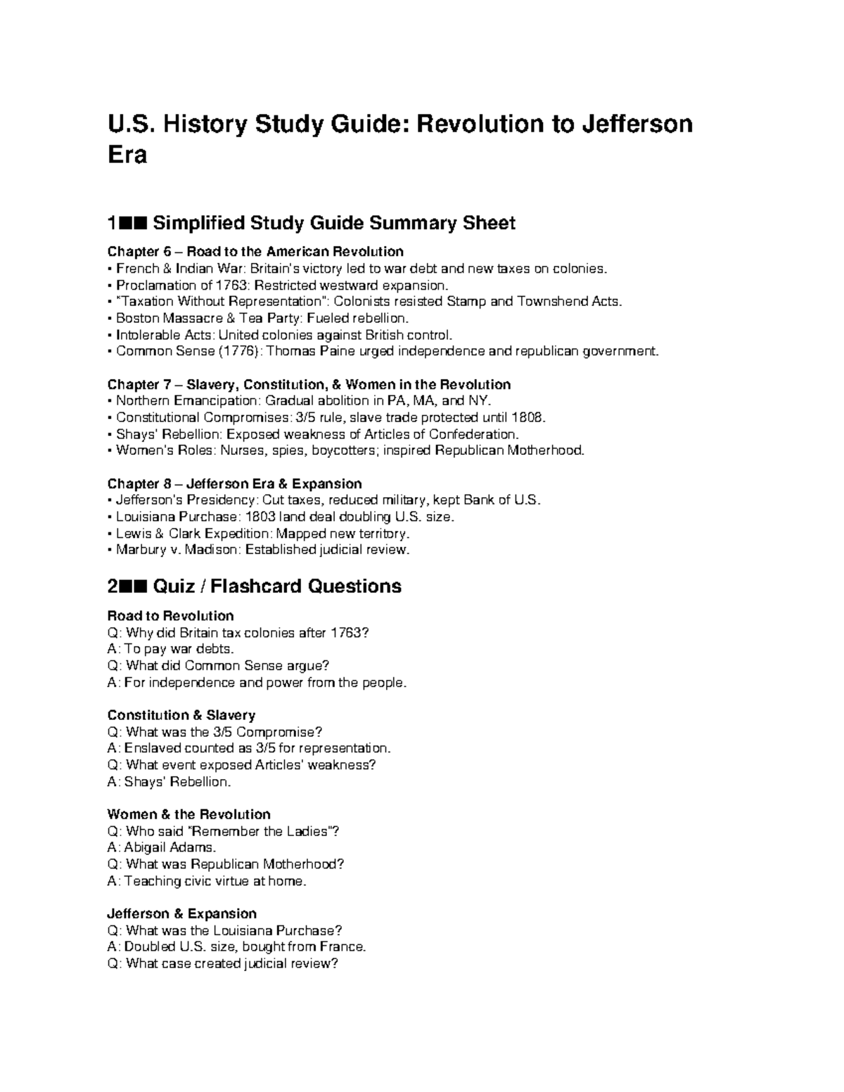 U.S. History Study Guide: Revolution to Jefferson Era Overview - Studocu