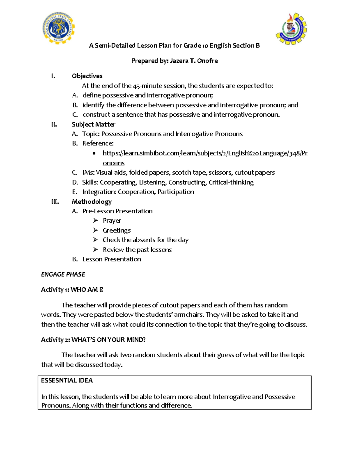Lesson Plan: Understanding Possessive Pronouns 014303 - Studocu