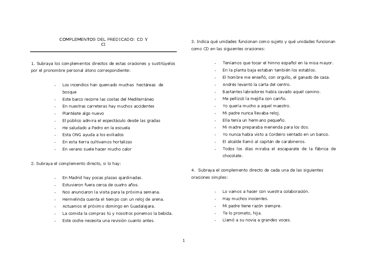 Ejercicios sobre Complementos Directos (CD) e Indirectos (CI) - Studocu
