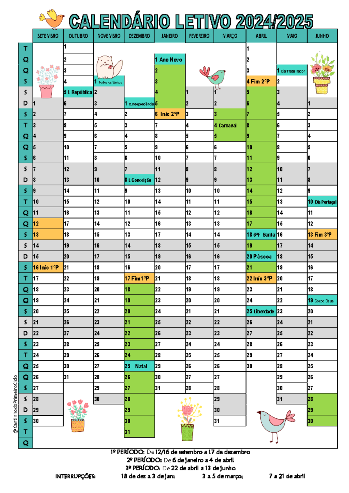 Calendário escolar ano letivo 2024-2025 7natureza - SETEMBRO OUTUBRO ...