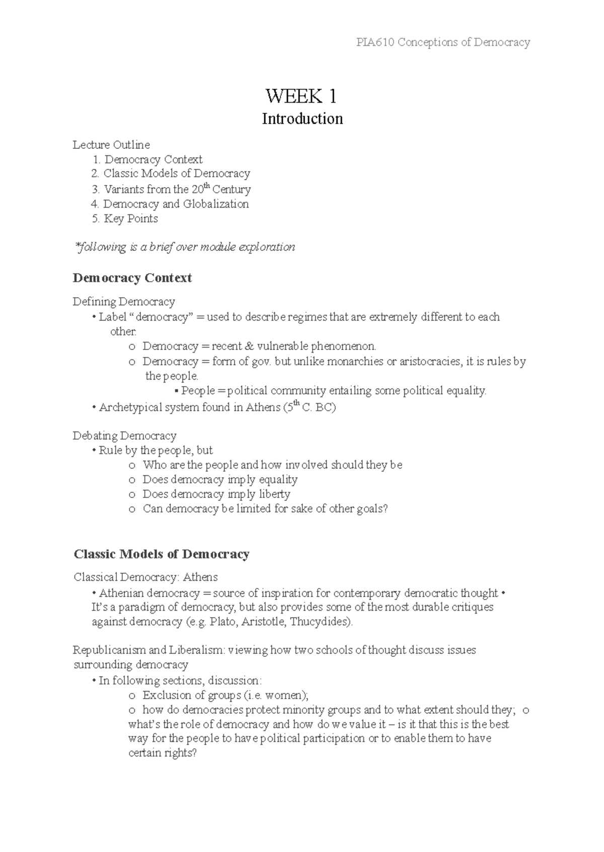 PIA610 Conceptions of Democracy: Week 1 Lecture Outline and Key ...