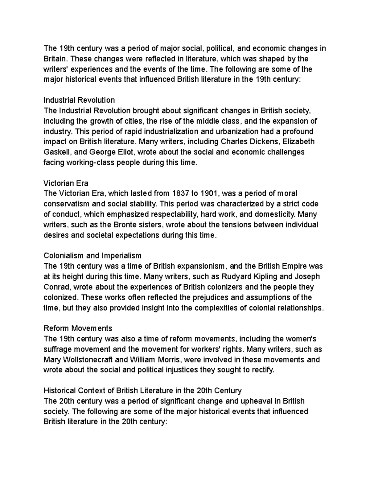 Historical Context of British Literature: 19th & 20th Centuries - Studocu