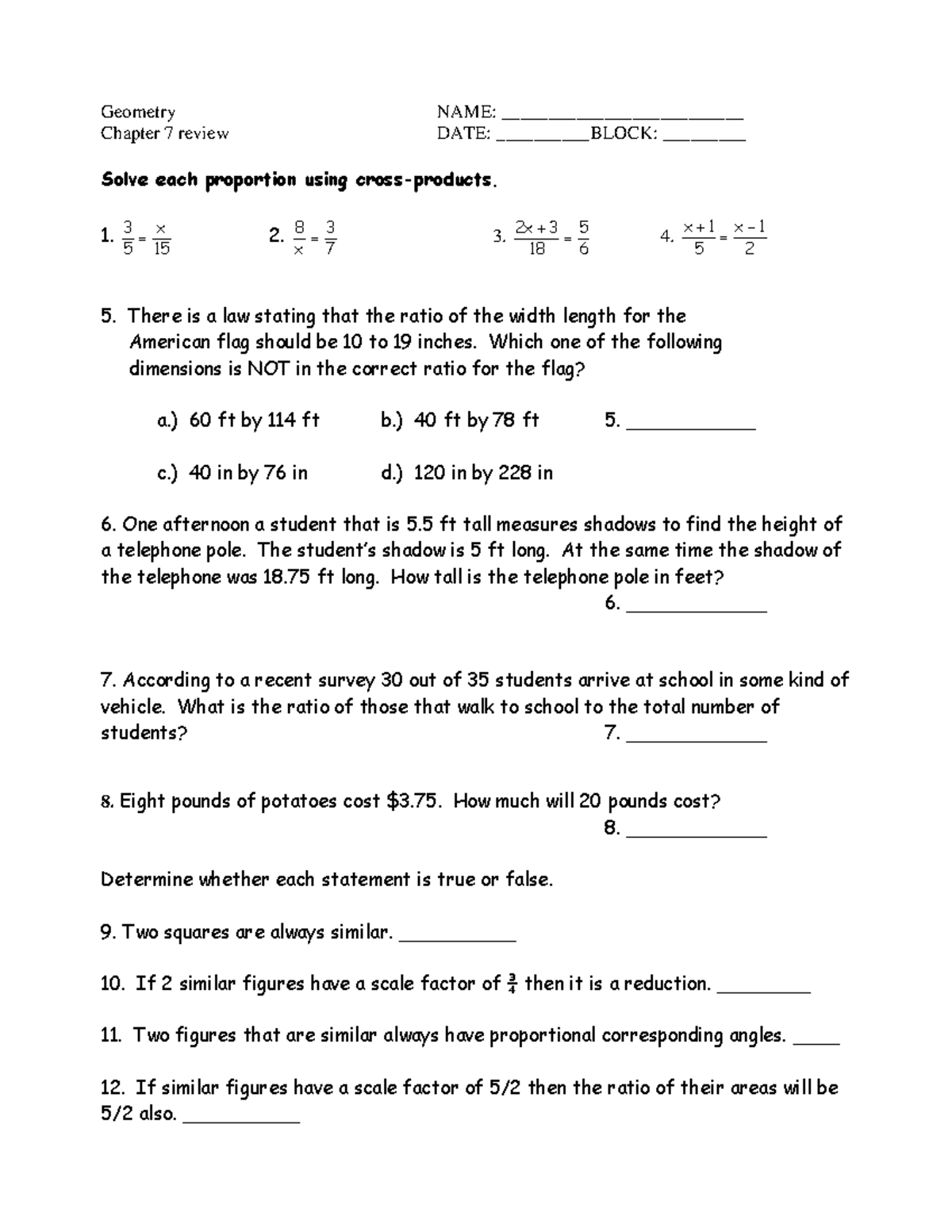 CP Geometry Chapter 7 Review: Exploring Similarity & Proportions - Studocu