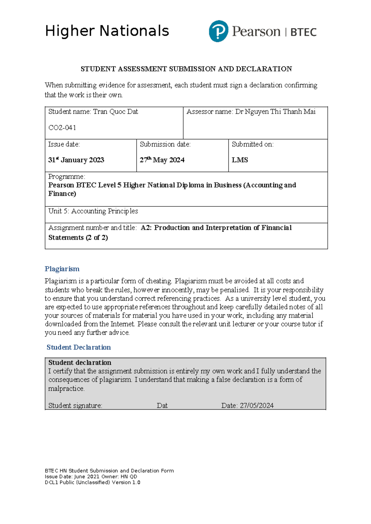 HN BTEC Level 5 Submission & Declaration: A2 Financial Statements - Studocu