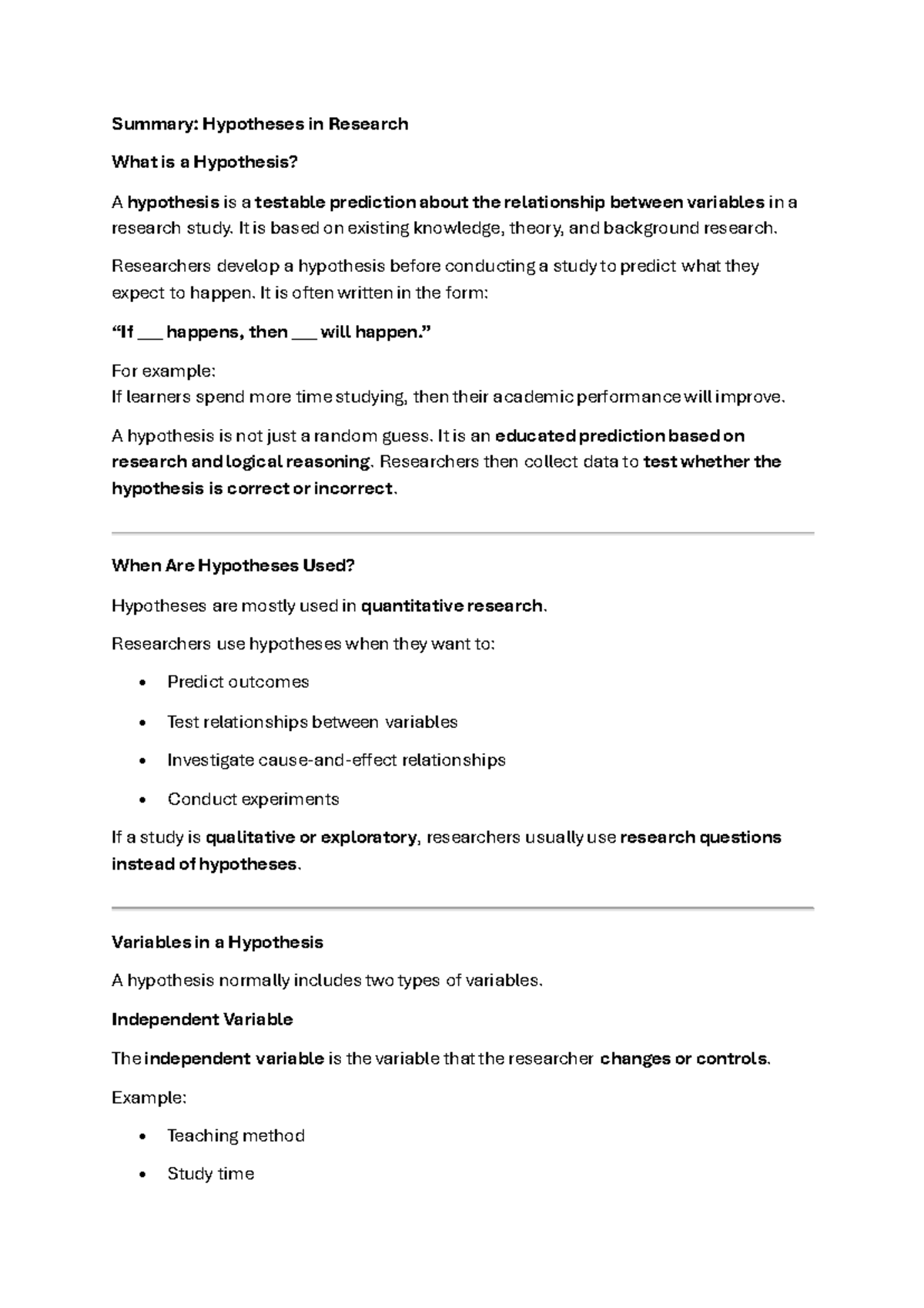 Summary of Hypotheses for Research: Notes for Assignment 1 - Studocu