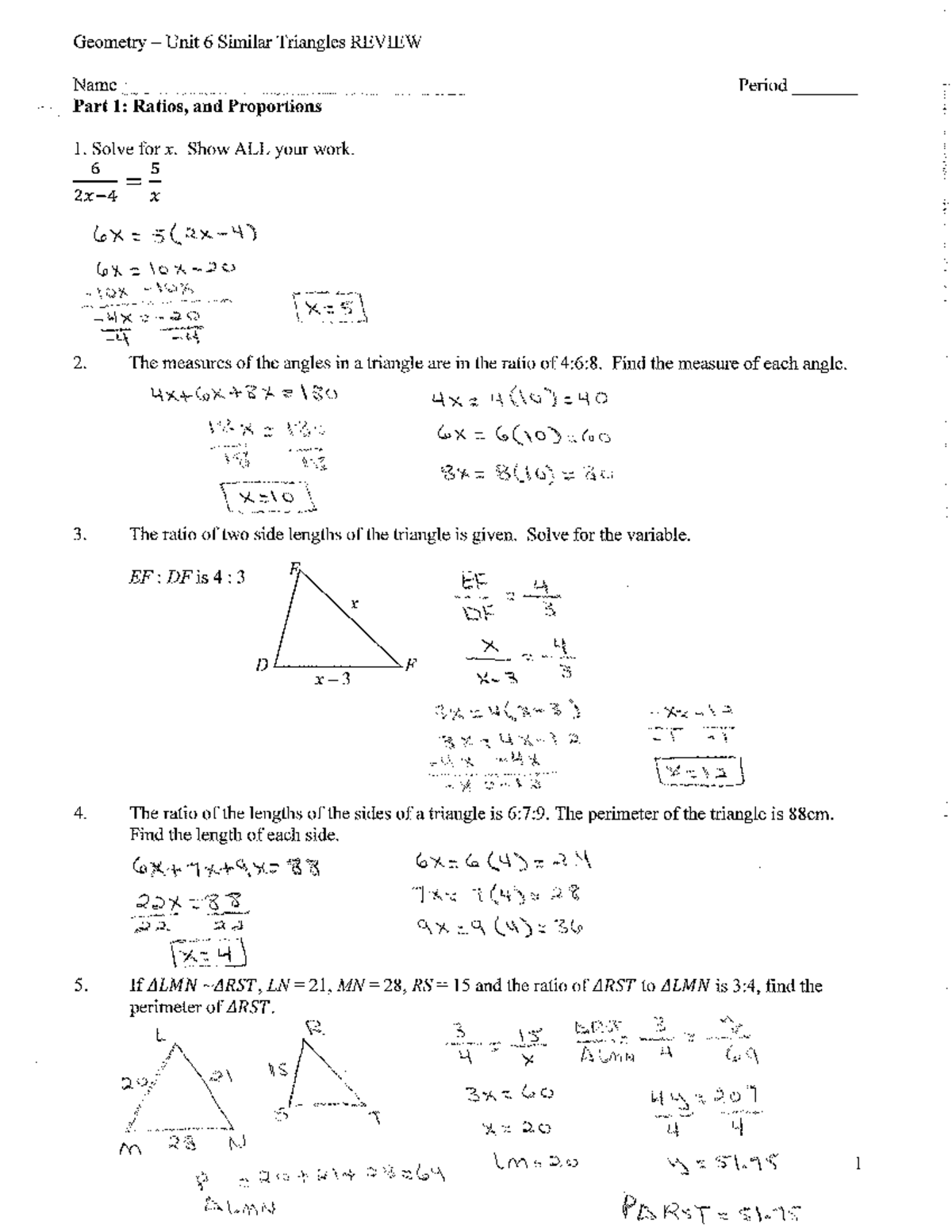 Geometry Unit 6 Review Key - Similar Triangles and Ratios - Studocu