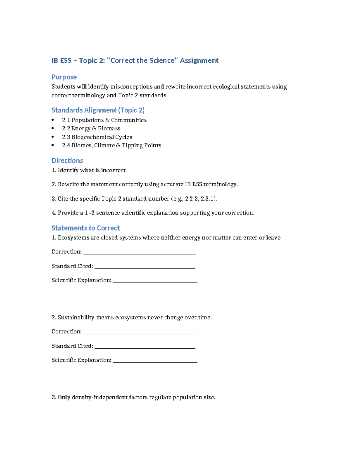 IB ESS Topic 2: Correcting Ecological Misconceptions Assignment - Studocu