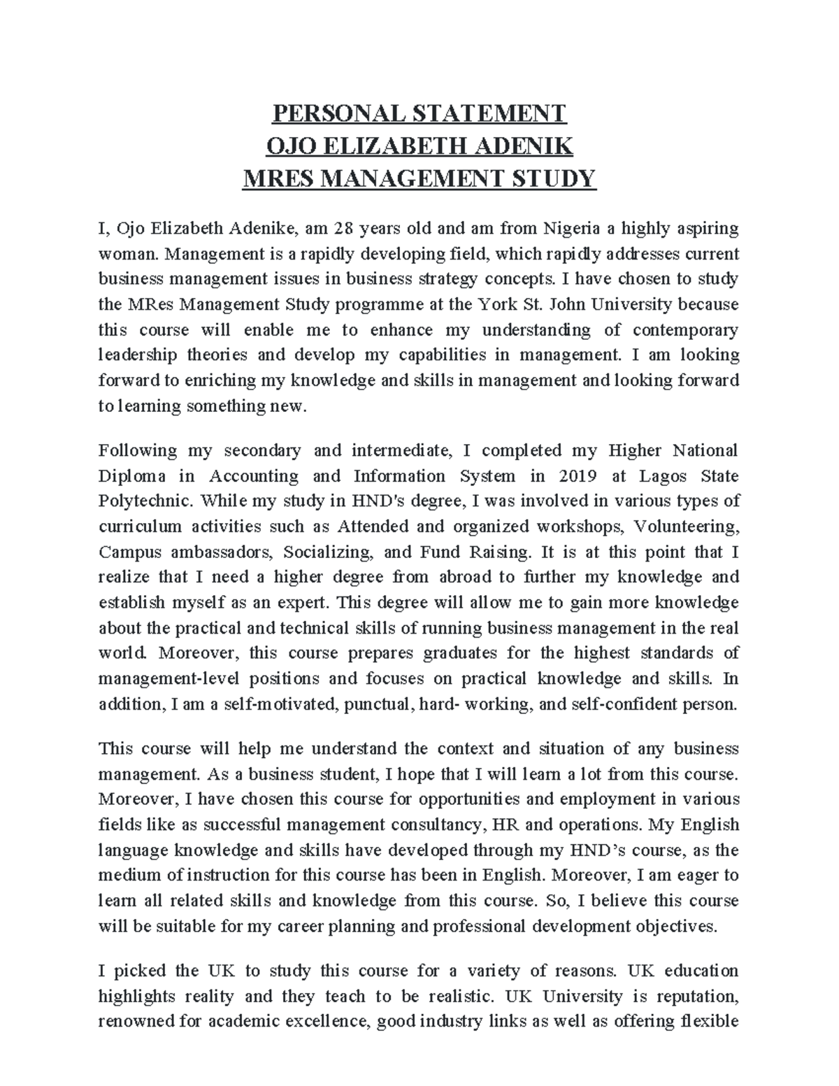 MRes Management Study Personal Statement - Ojo Elizabeth Adenike - Studocu
