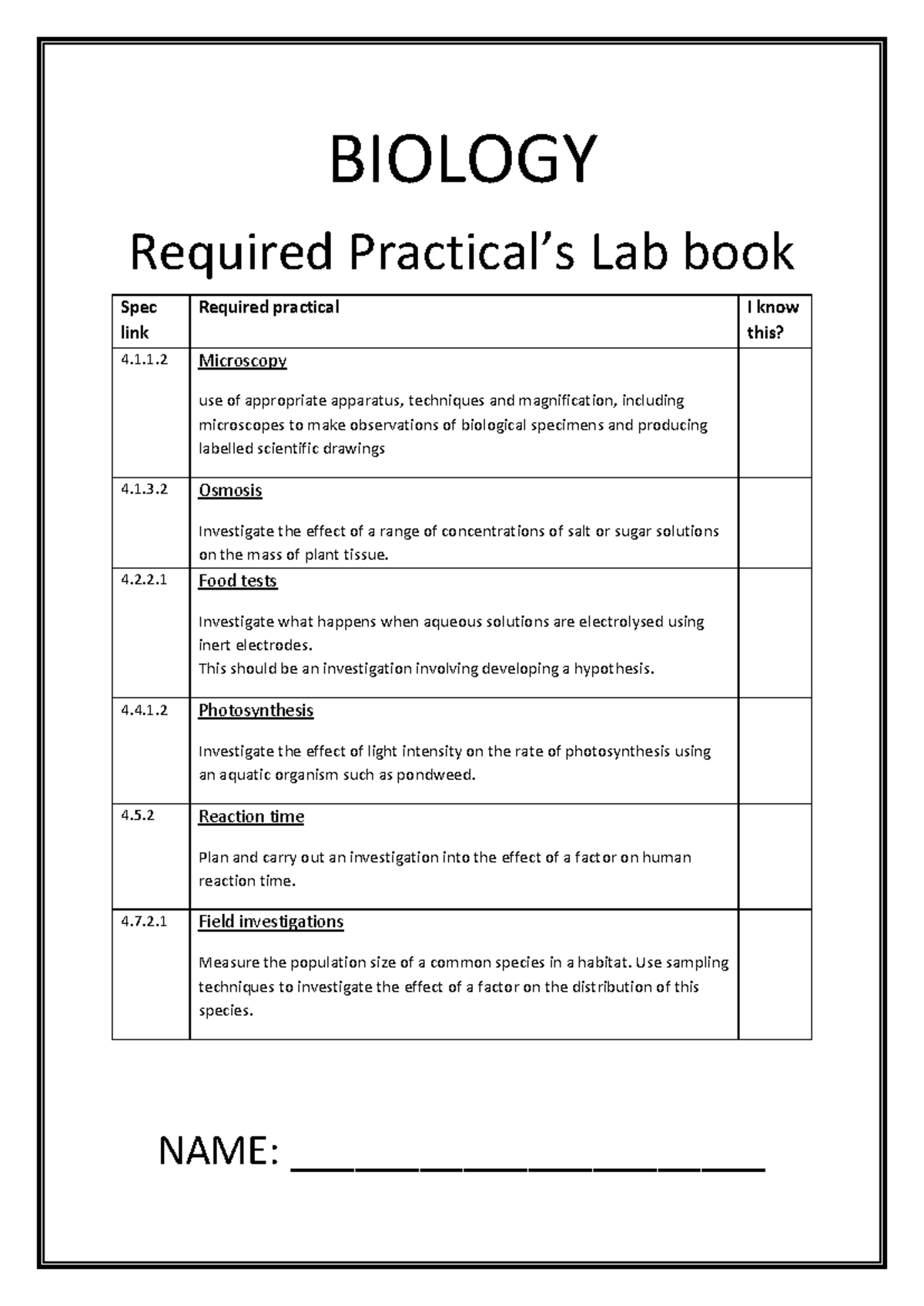 Biology (BIO101): Required Practicals Revision Guide - Studocu