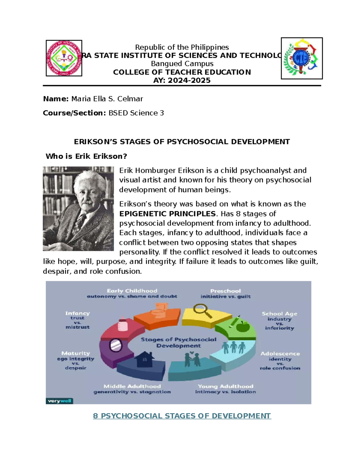 BSED Science 3: Erik Erikson's Psychosocial Development Stages - Studocu