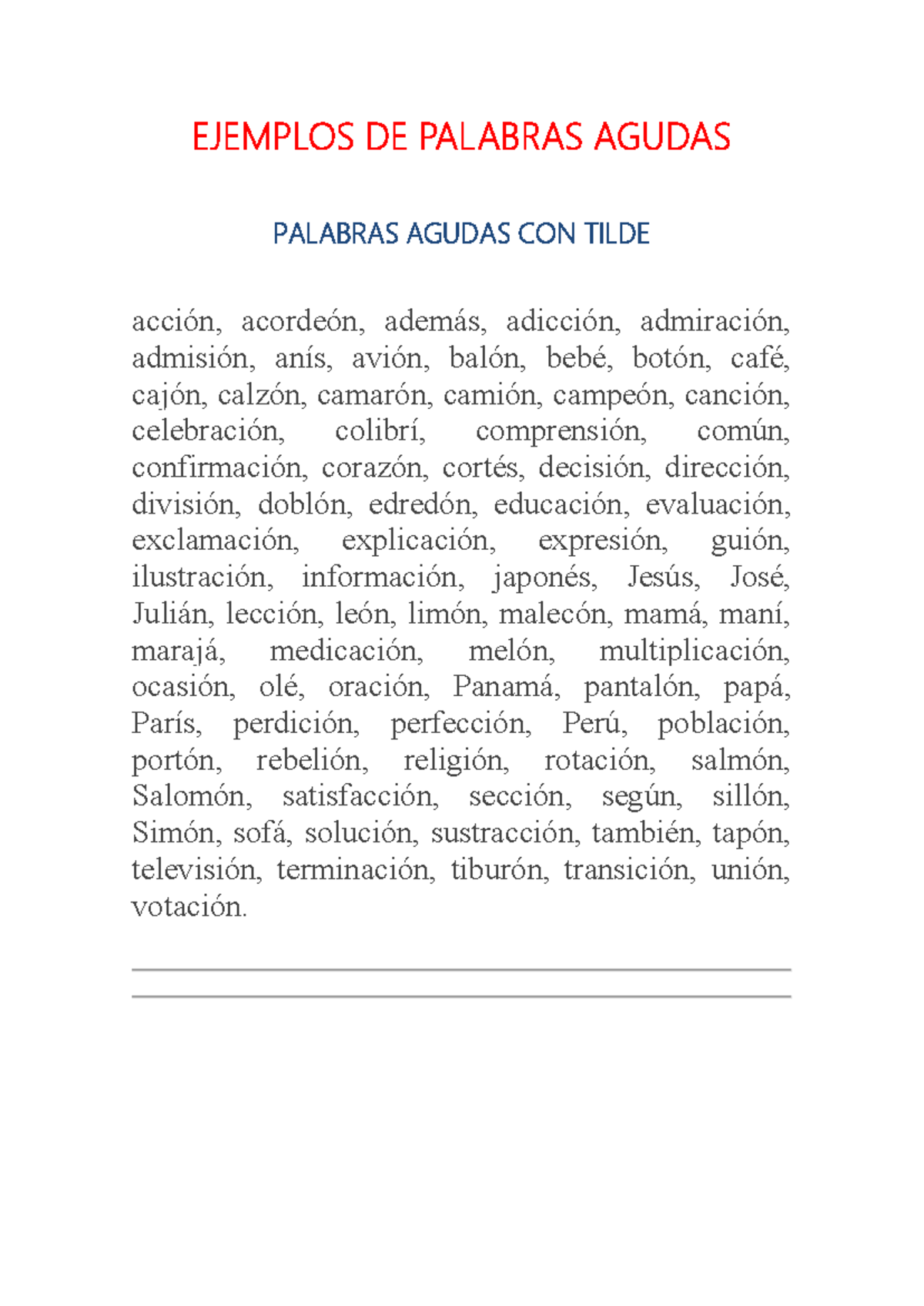 Ejemplos de Palabras Agudas: Con y Sin Tilde - Studocu