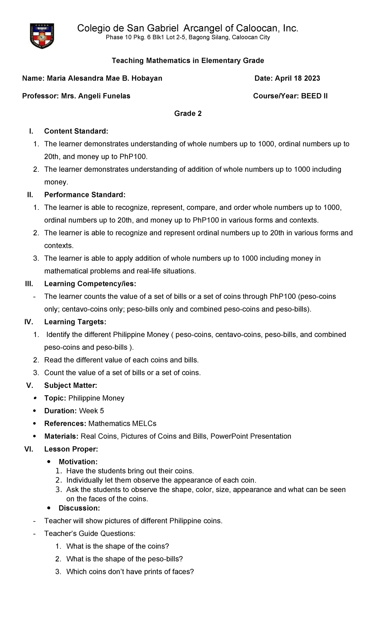 Philippine Money Lesson Plan for BEED II - Grade 2 Mathematics - Studocu