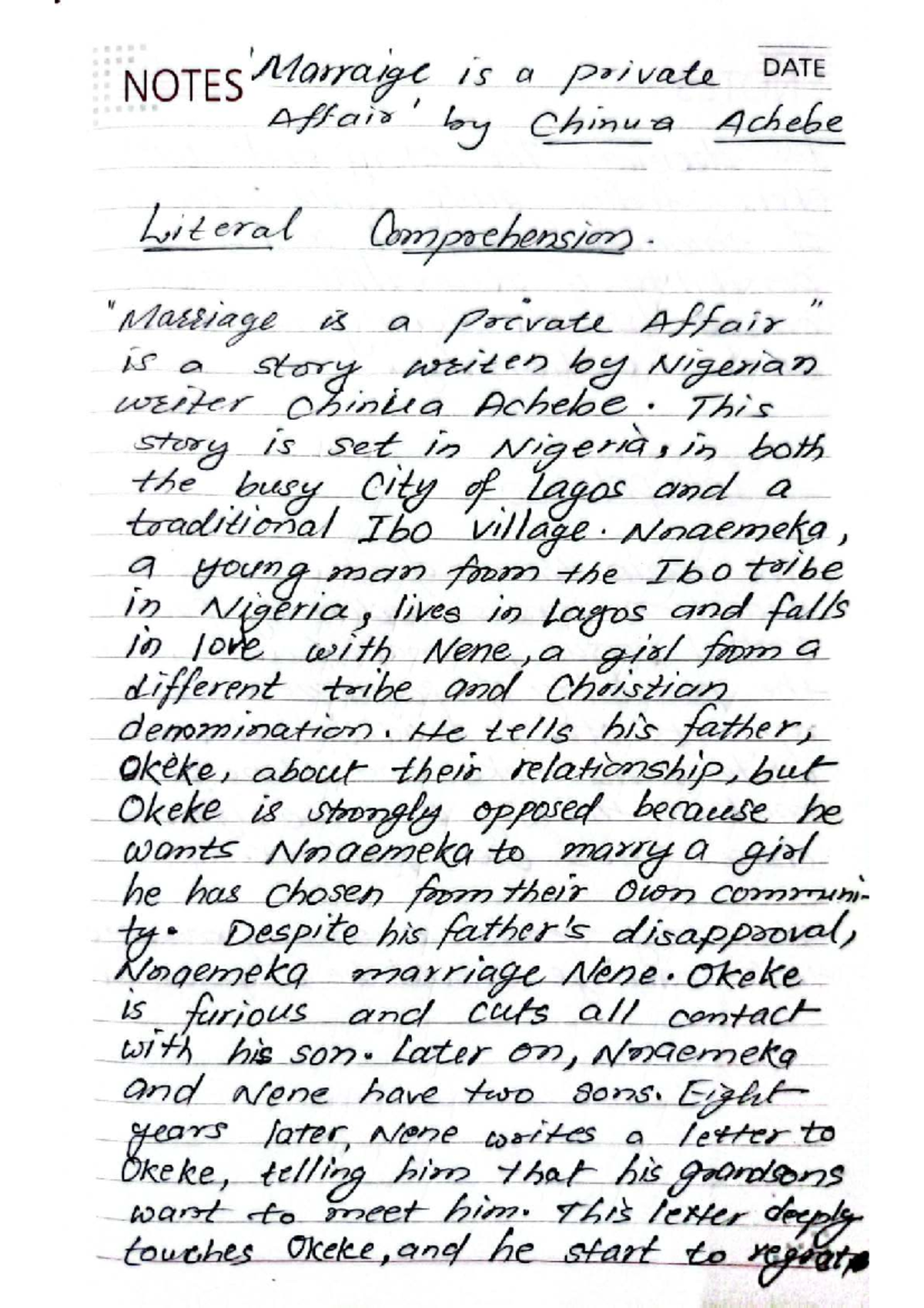 ENG 101: Notes on "Marriage is a Private Affair" by Chinua Achebe - Studocu