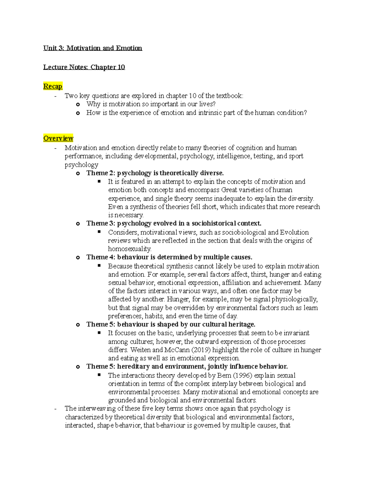 Unit 3 Motivation & Emotion Lecture Notes - Chapter 10 Summary - Studocu