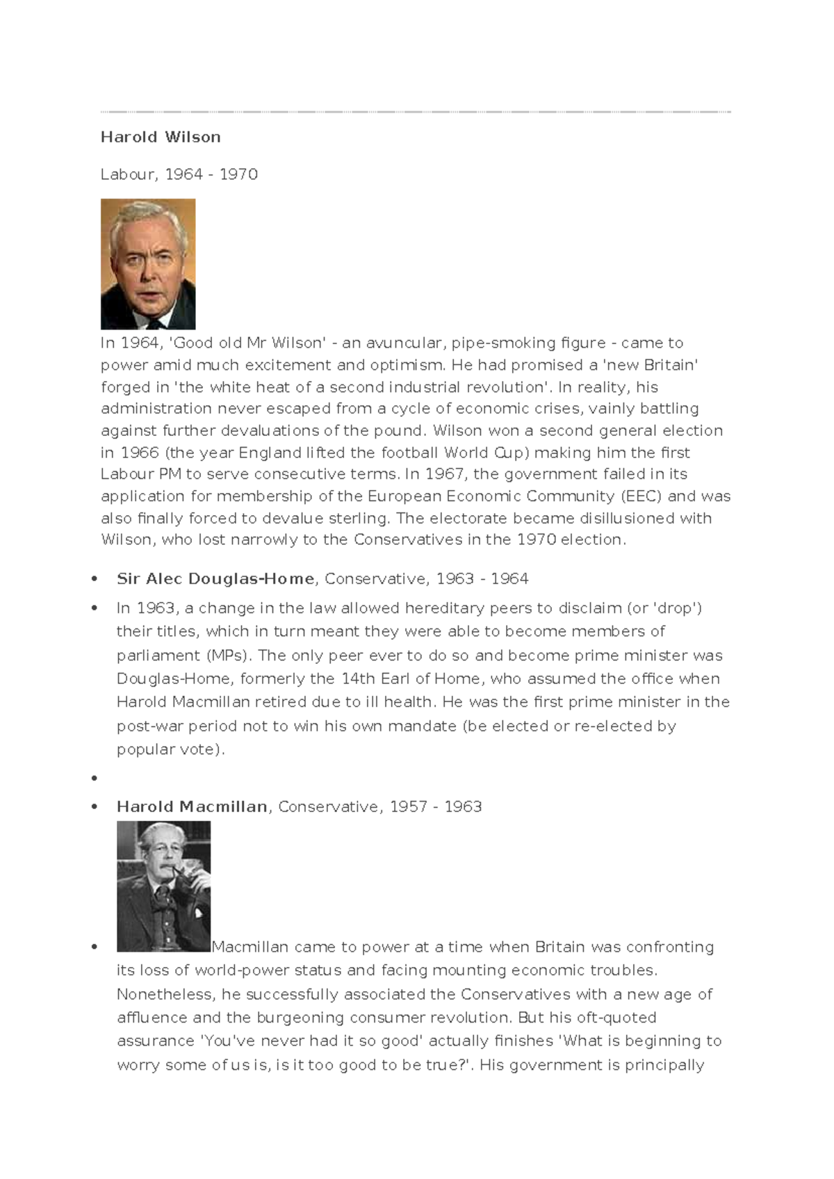 Chronology of UK Governments: Labour & Conservative Leaders (1964-1970 ...