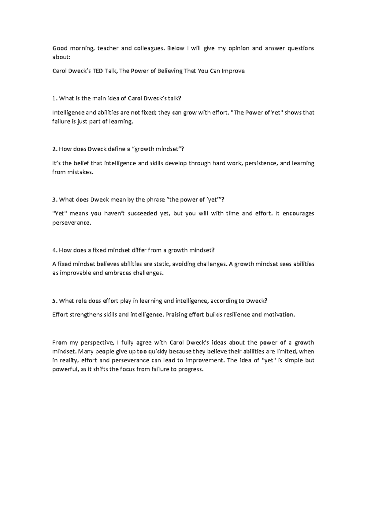 Carol Dweck's TED Talk: The Power of a Growth Mindset - Studocu