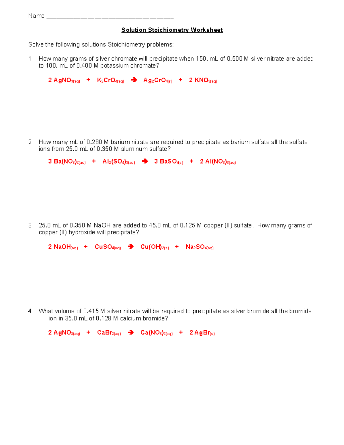 Stoichiometry Problems Worksheet: Solutions & Precipitation ...