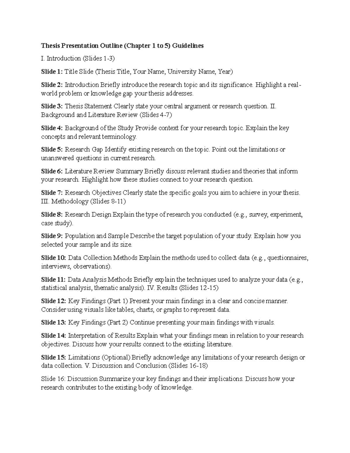 Thesis Presentation Outline: Guidelines for Chapters 1-5 - Studocu