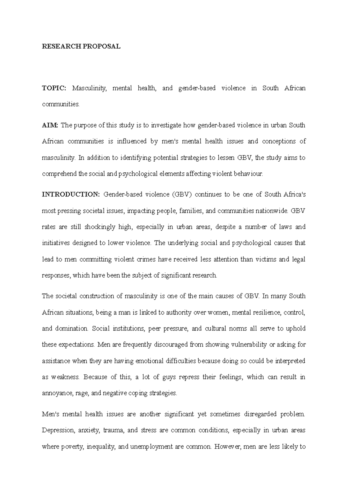 Research Proposal: Masculinity, Mental Health & GBV in South Africa ...
