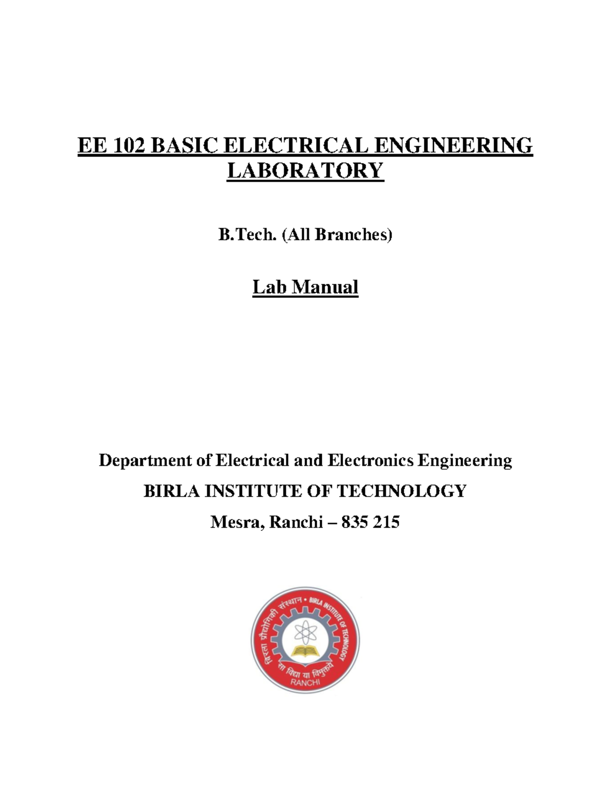 EE 102 LAB Manual: Basic Electrical Engineering Experiments - Studocu