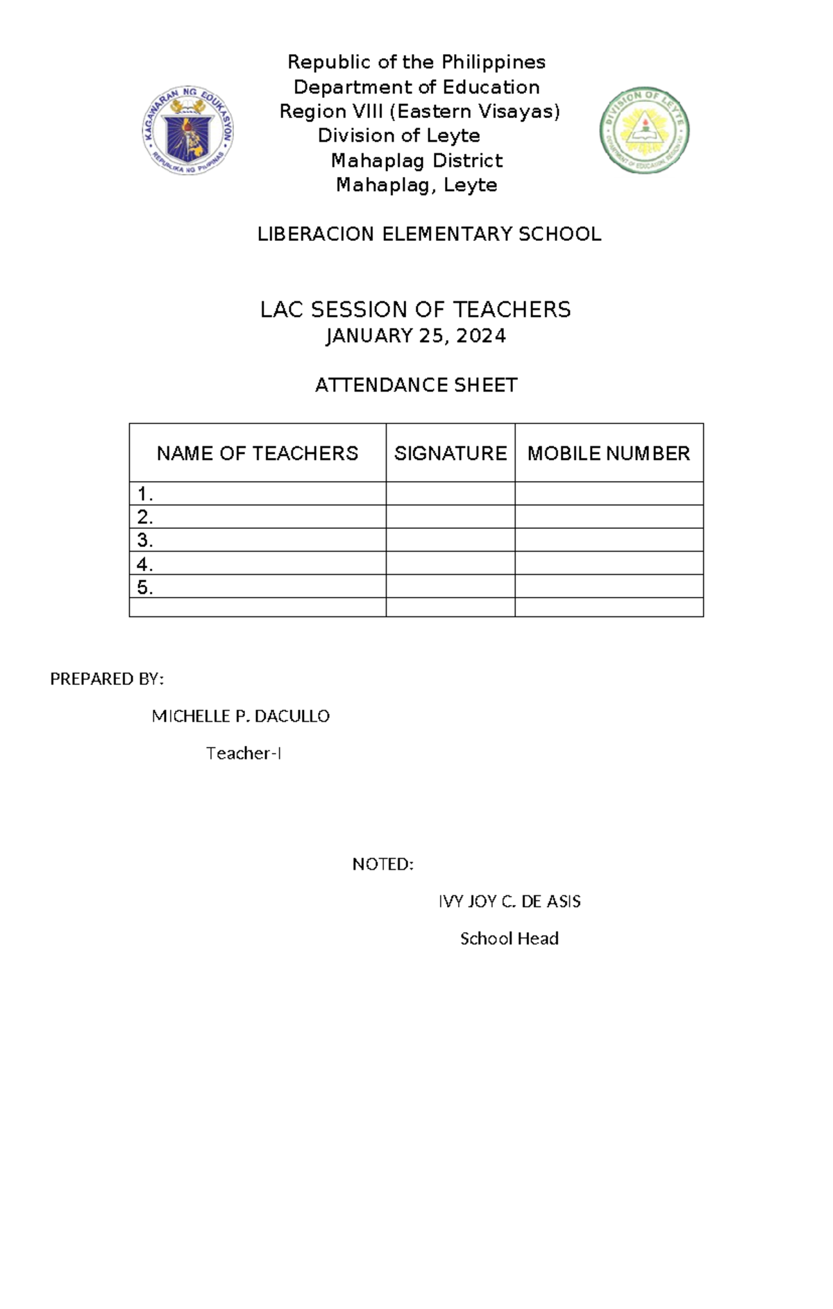 LAC Session Attendance Sheet - Bachelor of Secondary Education ...