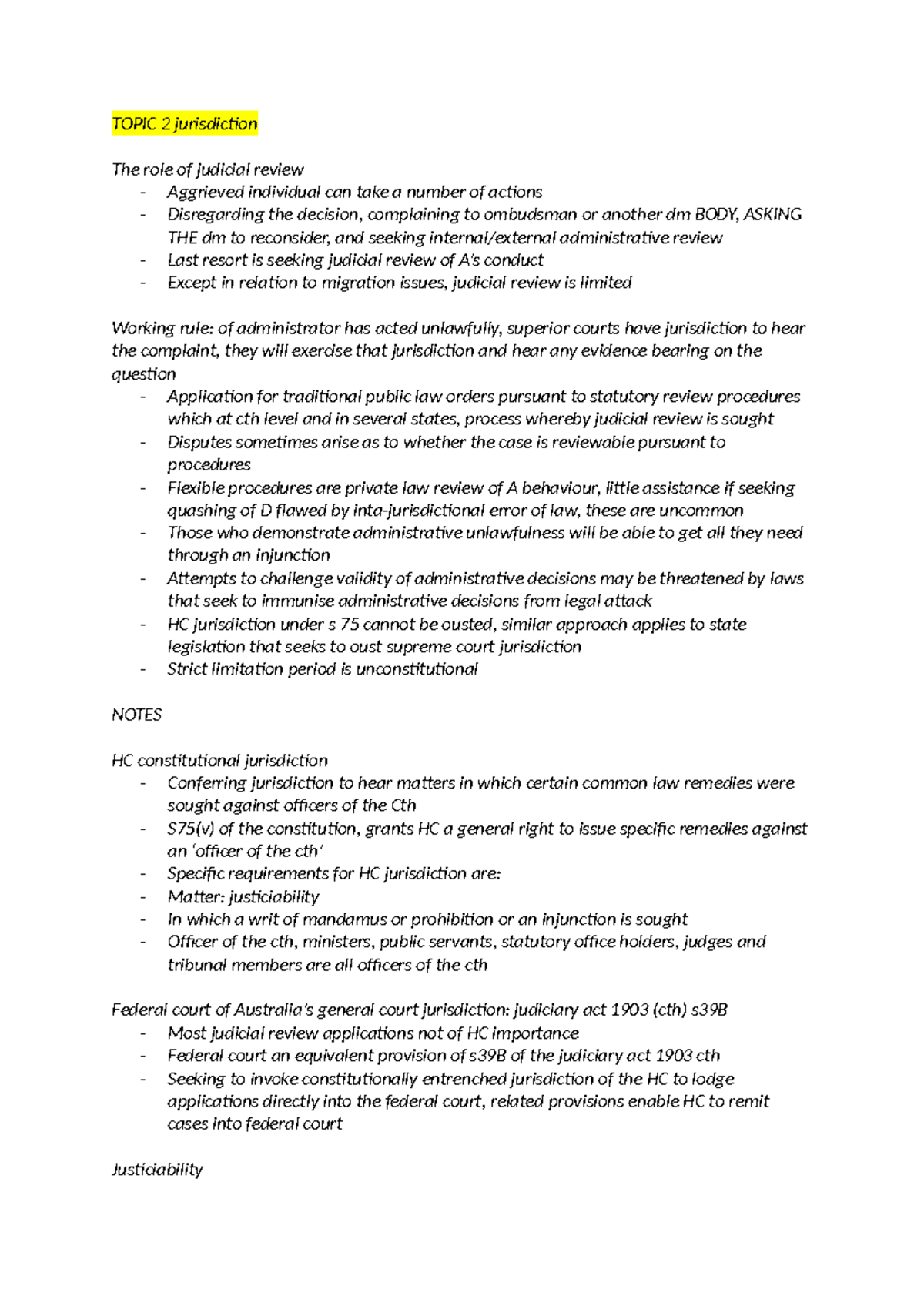 Week 2 Jurisdiction Notes: The Role of Judicial Review in Australia ...