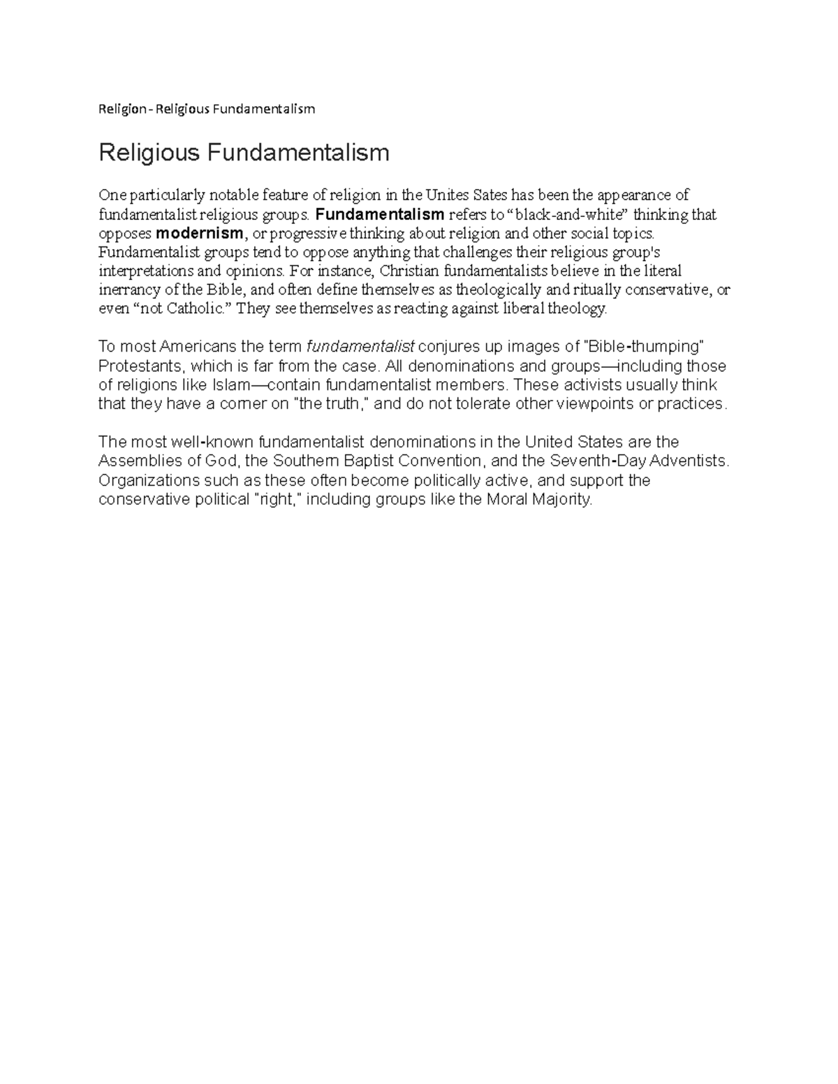 Religion 101 - Religious Fundamentalism Overview and Concepts - Studocu