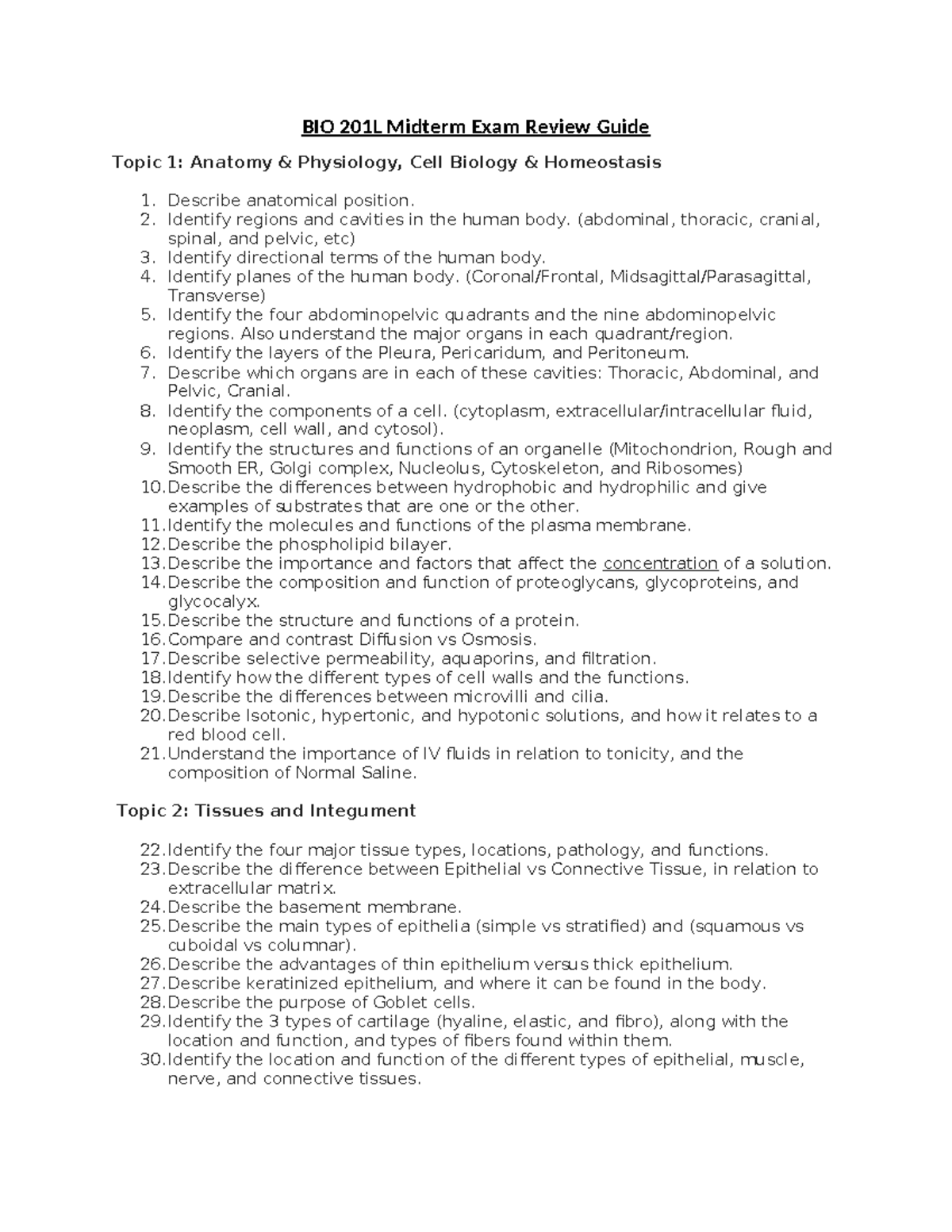 BIO 201L Midterm Exam Review Guide - Describe anatomical position. 2 ...
