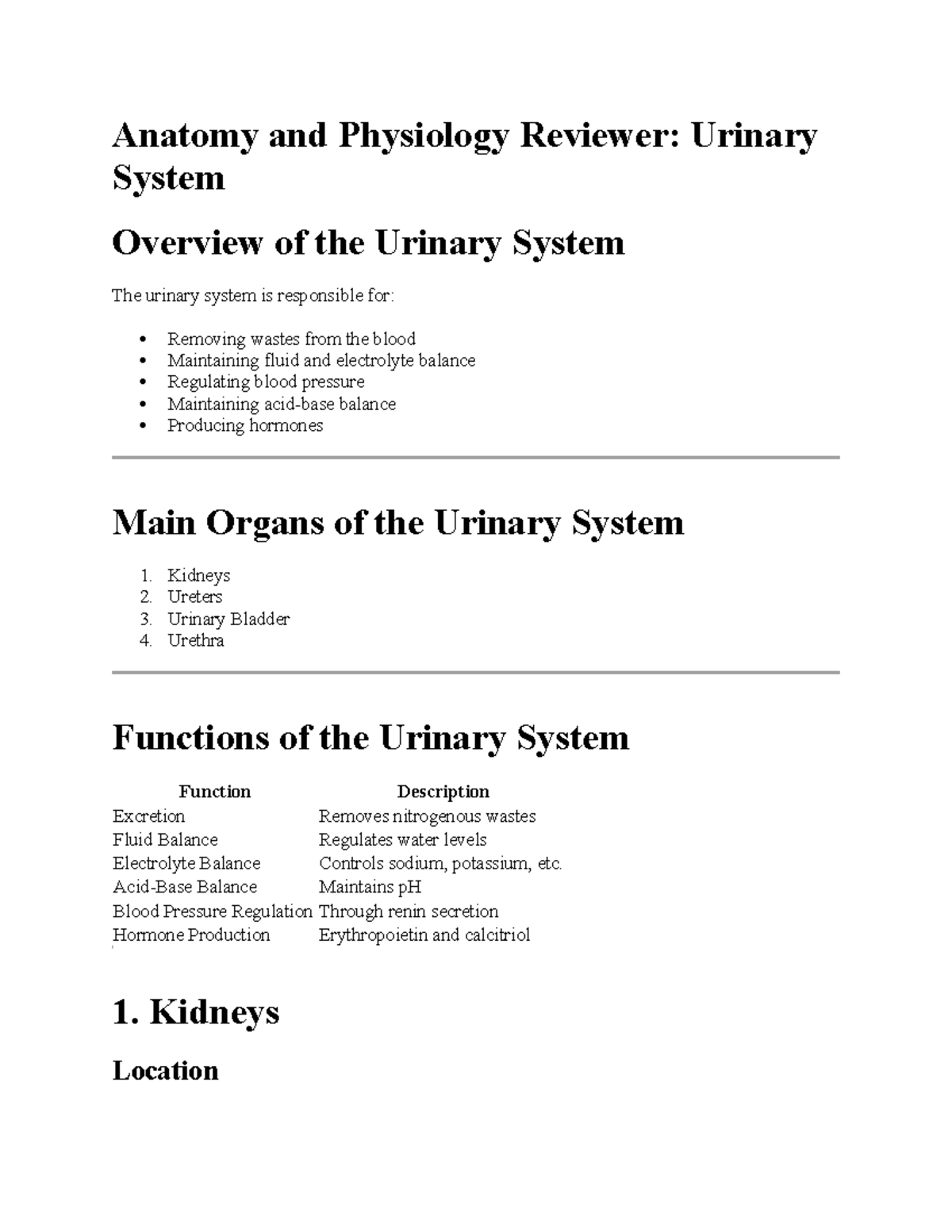 Urinary System Overview: Anatomy & Physiology Review (ZBMHVYMTG) - Studocu