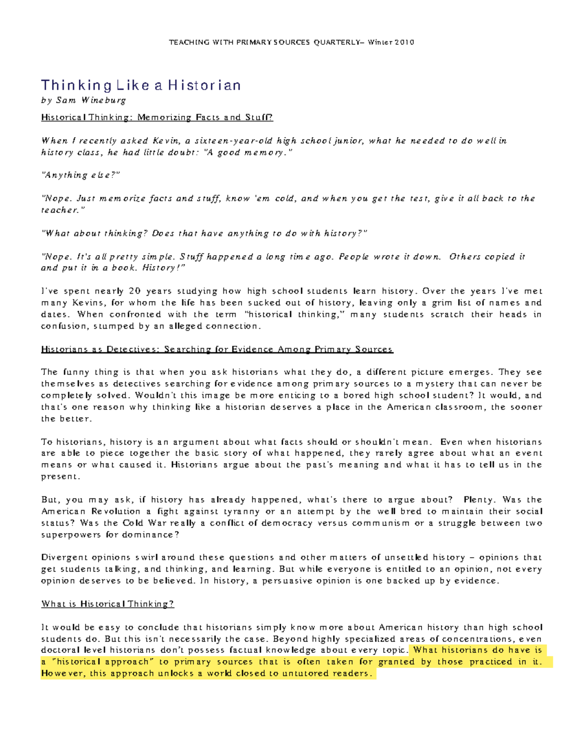 Teaching Historical Thinking with Primary Sources (EDU 101) - Studocu