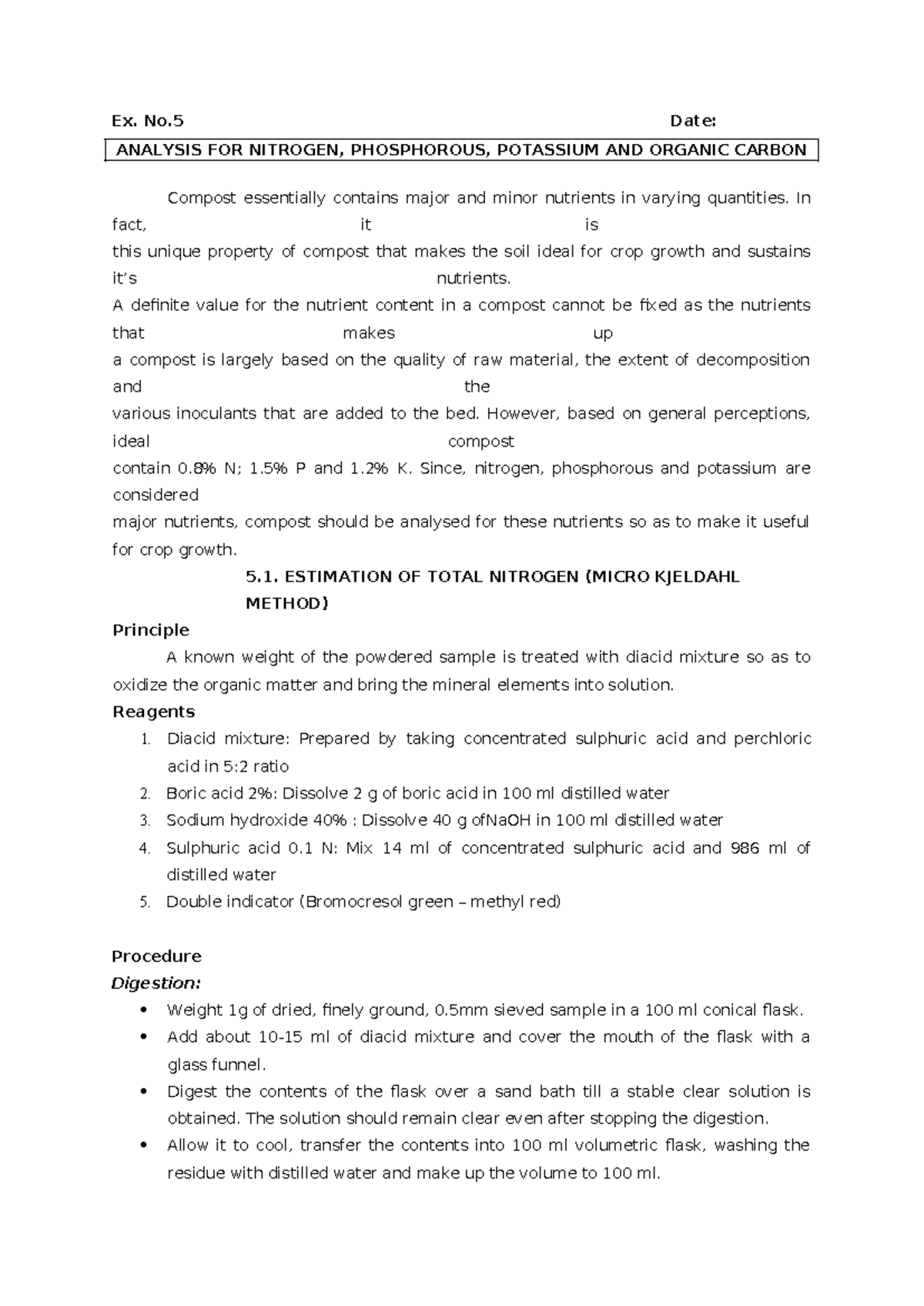 Ex. No. 5: Analysis of N, P, K, and Organic Carbon in Compost - Studocu