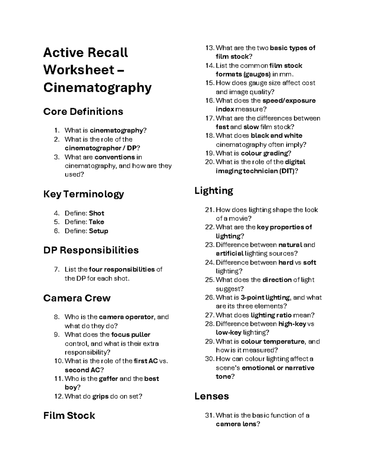 Active Recall Worksheet: Core Definitions in FAM1000S Cinematography ...