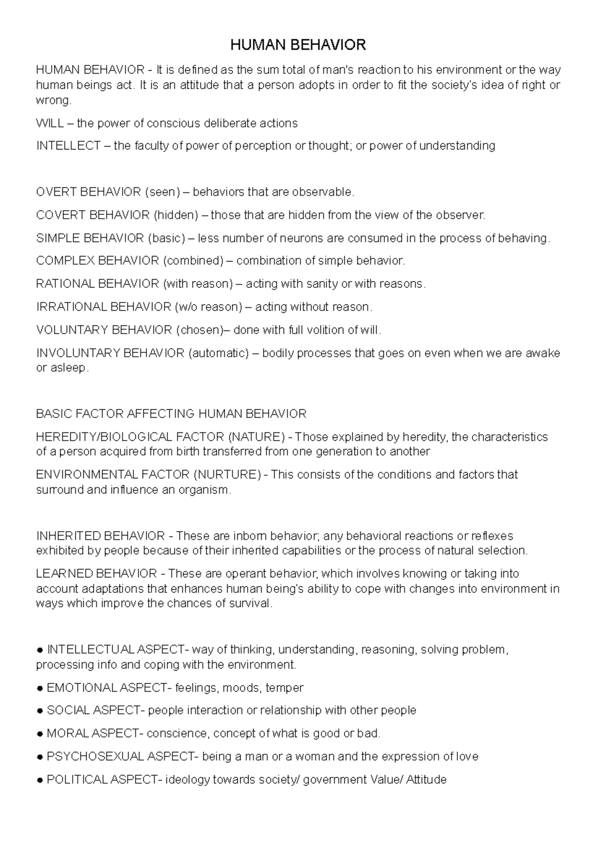 Human Behavior - Lecture Notes on Psychology Concepts - Studocu