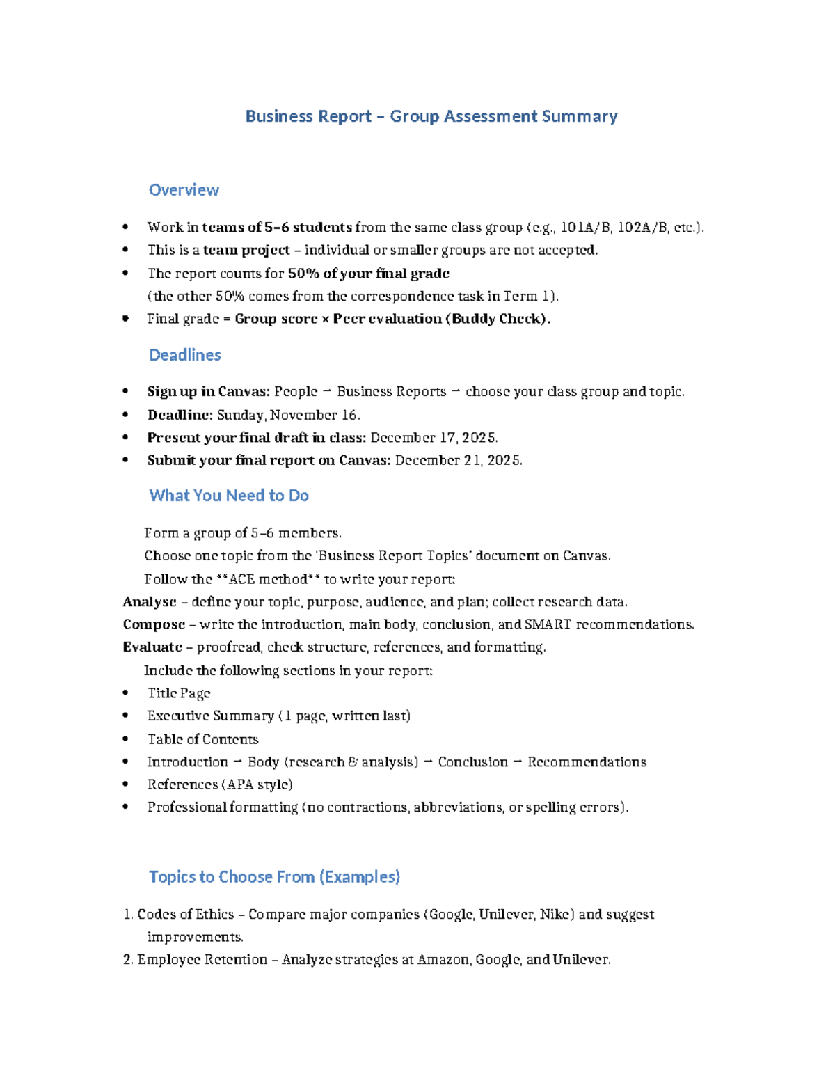 BUS 101: Clean Business Report Group Assessment Overview - Studocu