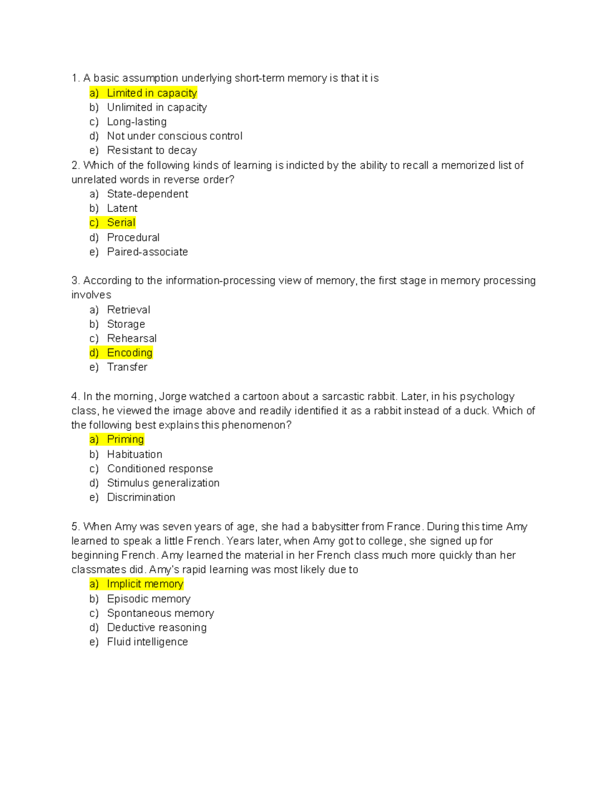 Cognitive Psychology Memory Practice Quiz (PSYC 101) - Studocu