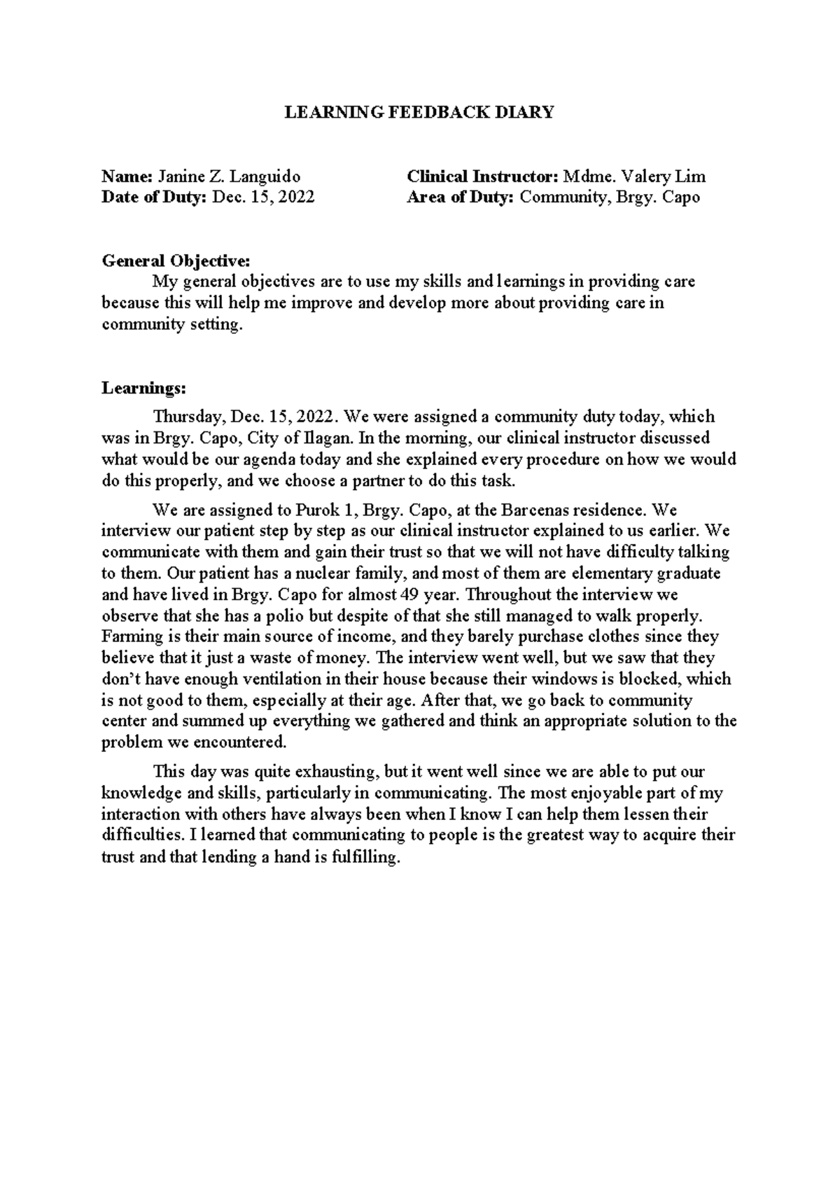 Clinical Practice Reflection Diary: Community Duty - Brgy. Capo - Studocu