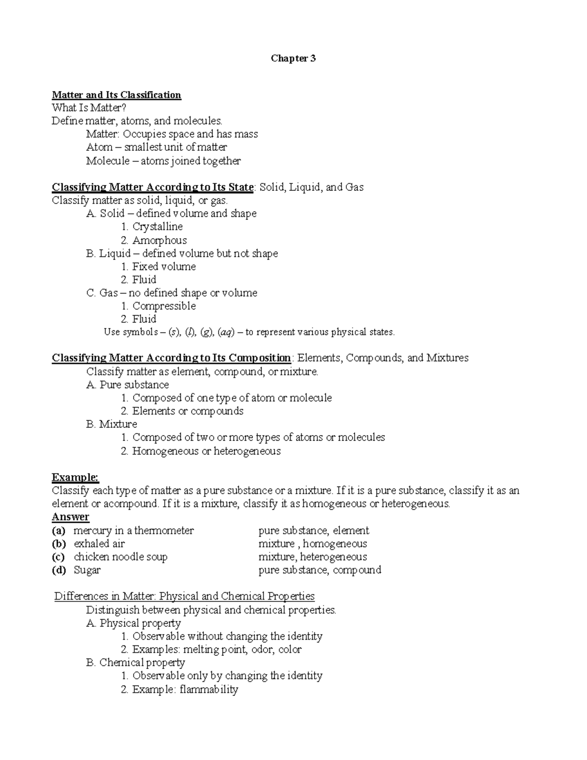Review 1405 Chapter 3 T - Chapter 3 Matter and Its Classification What ...