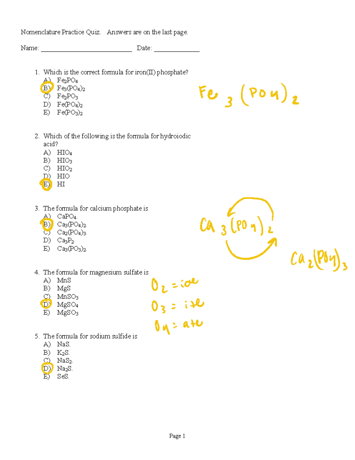 Nomenclature Practice Quiz Answers and Review (CHEM 101) - Studocu