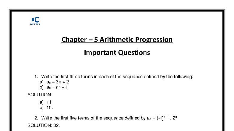Chapter 5: Important Questions on Arithmetic Progression (8609166 ...
