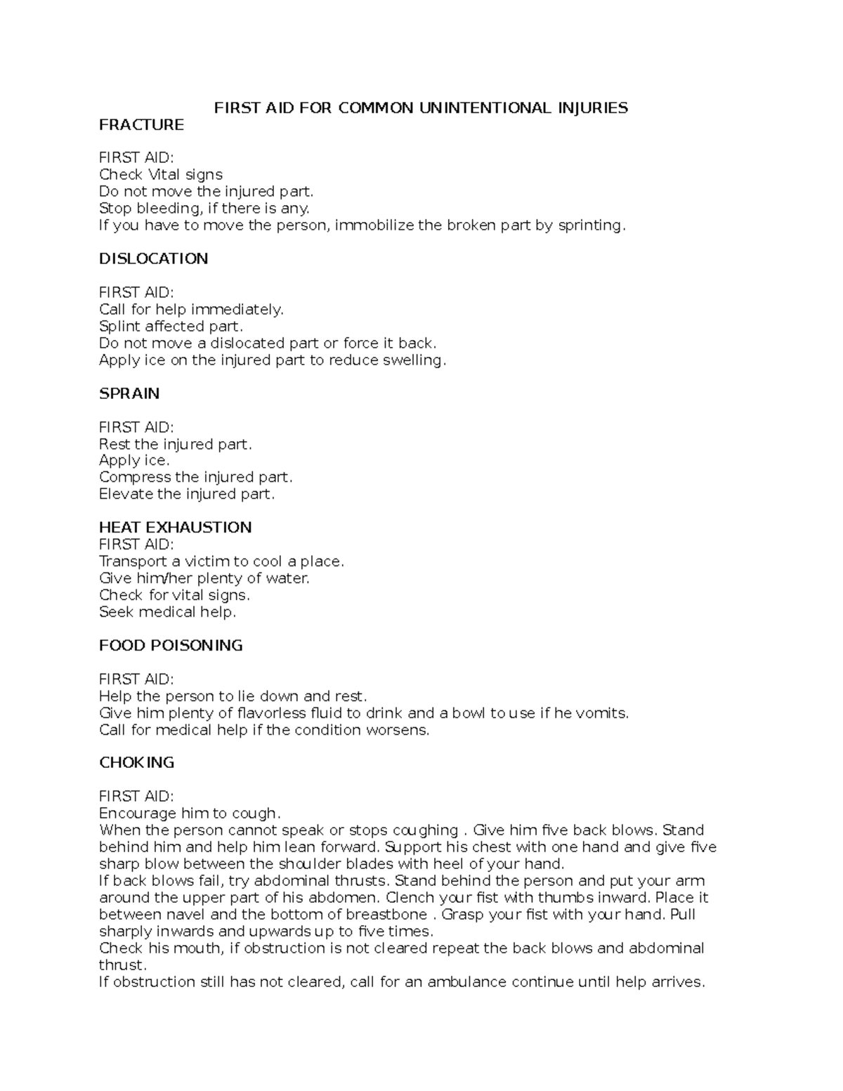 First AID FOR Common Unintentional Injuries - FIRST AID FOR COMMON ...