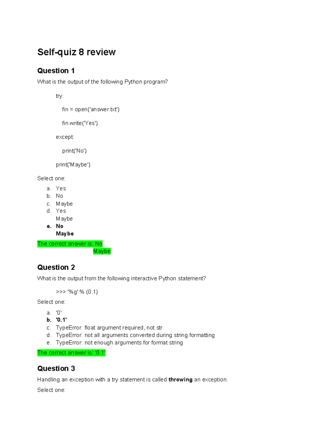 CS1101 Unit 8 Quiz - Self-quiz 8 review Question 1 What is the output ...